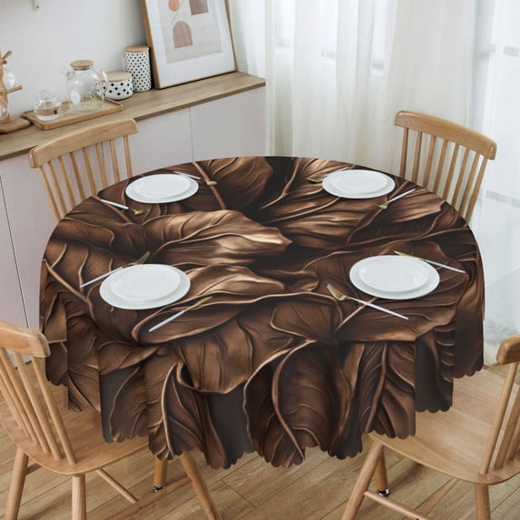 Bronze Leaf Sculpture In Circular Frame Round Tablecloth Waterproof Oil ...