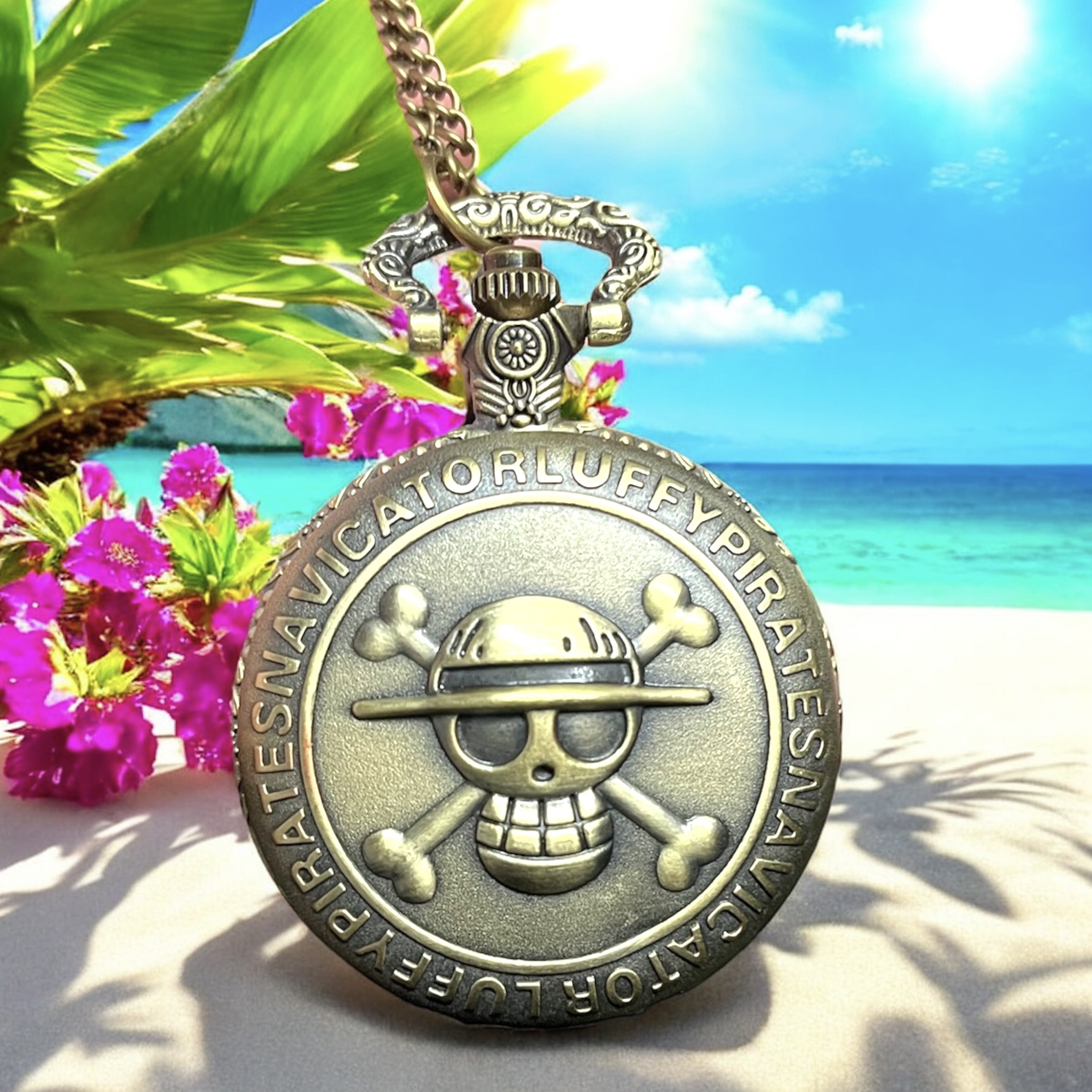 Bronze Pirate Skull Anime One Piece Quartz Pocket Watch & Fish Hook ...