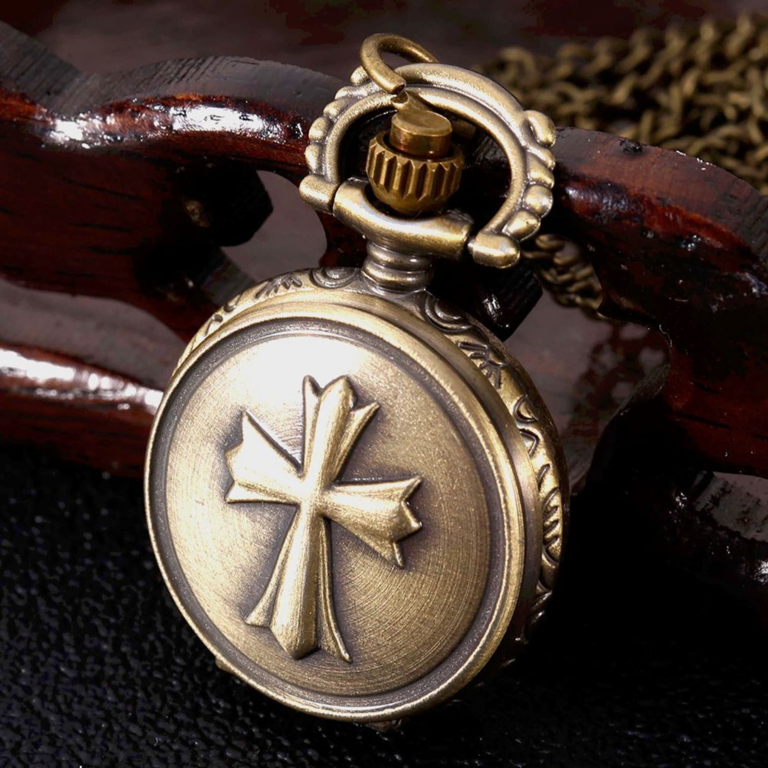 Bronze Quartz Pocket Watch Cross Relief Double Sided Flip Cover Vintage ...