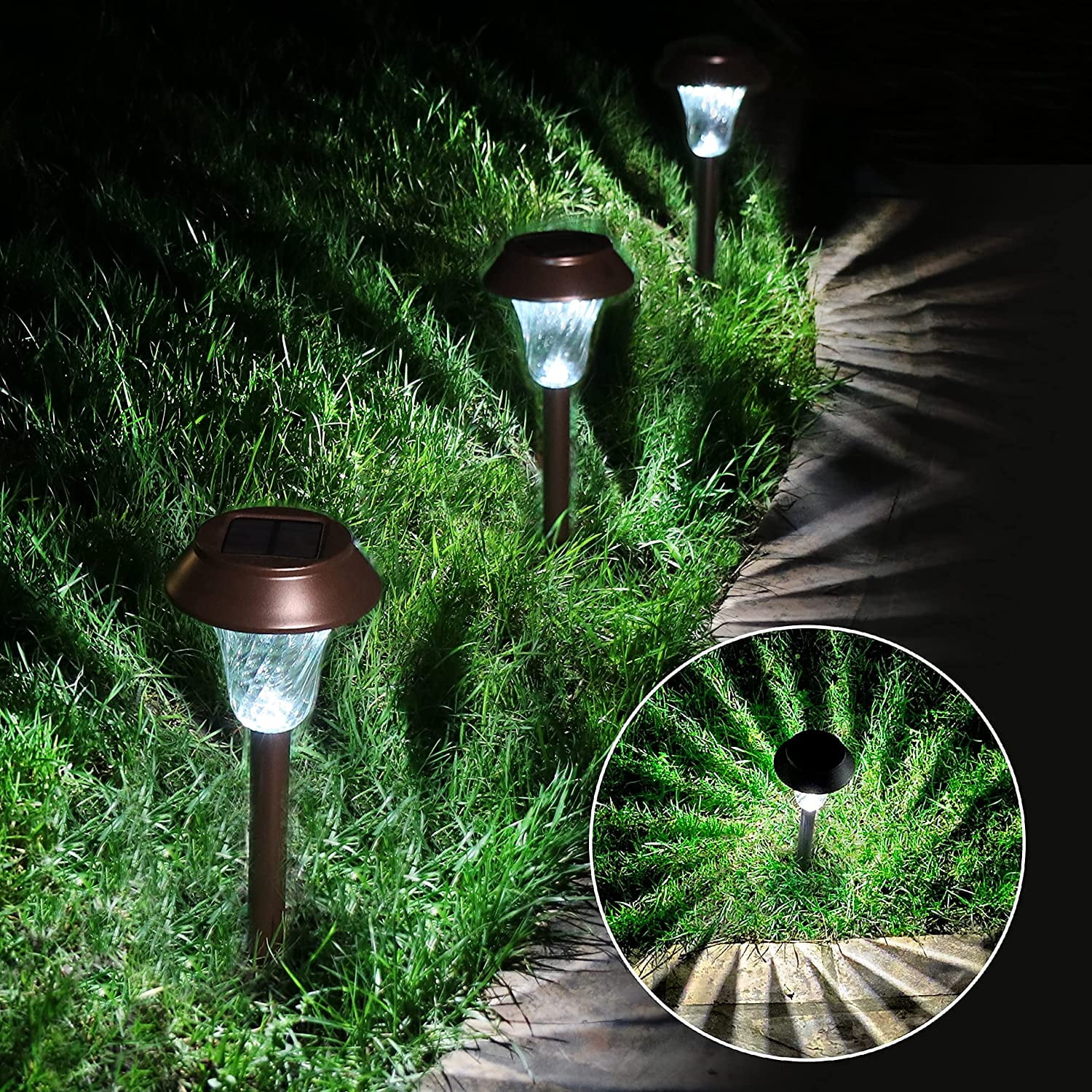 Bronze Solar Path Light, Set of 6, with Glass Lens, Metal Ground Stake ...