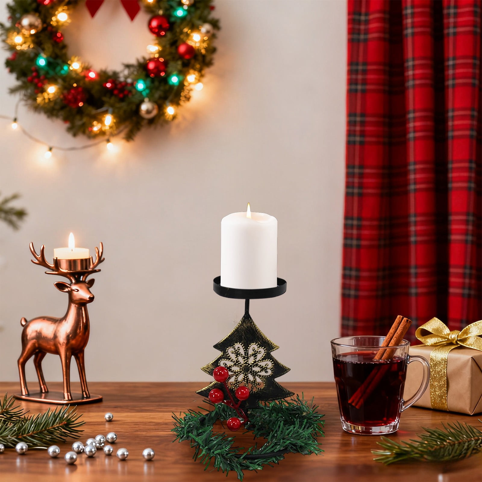 Bronzed Metal Christmas Candlestick with Reindeer & Heart Design ...