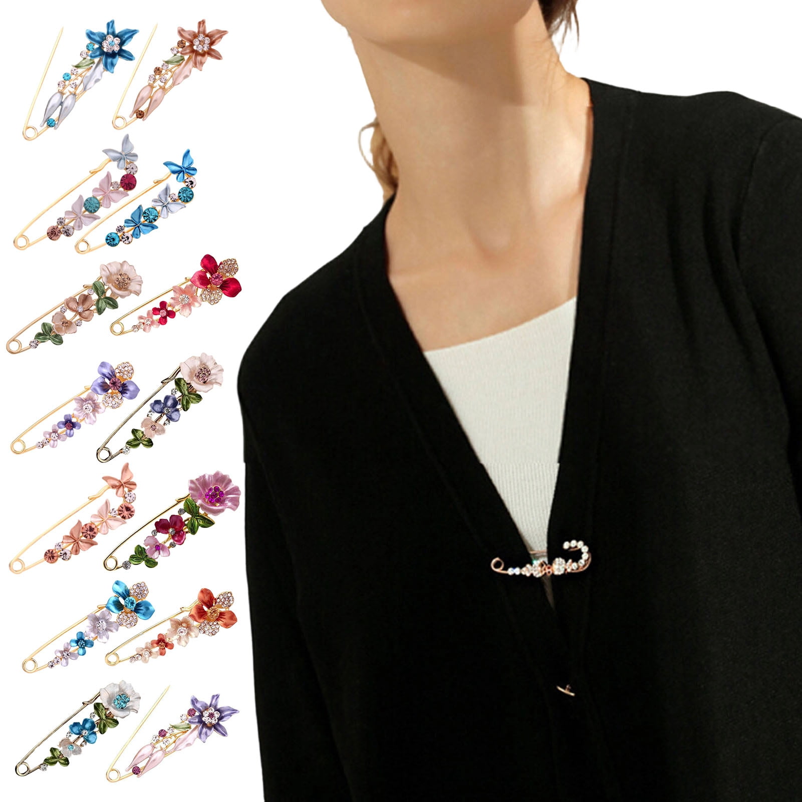Brooch Pin， 3D Flower Decor Scarf Pin with Rhinestone Inlay Thick ...