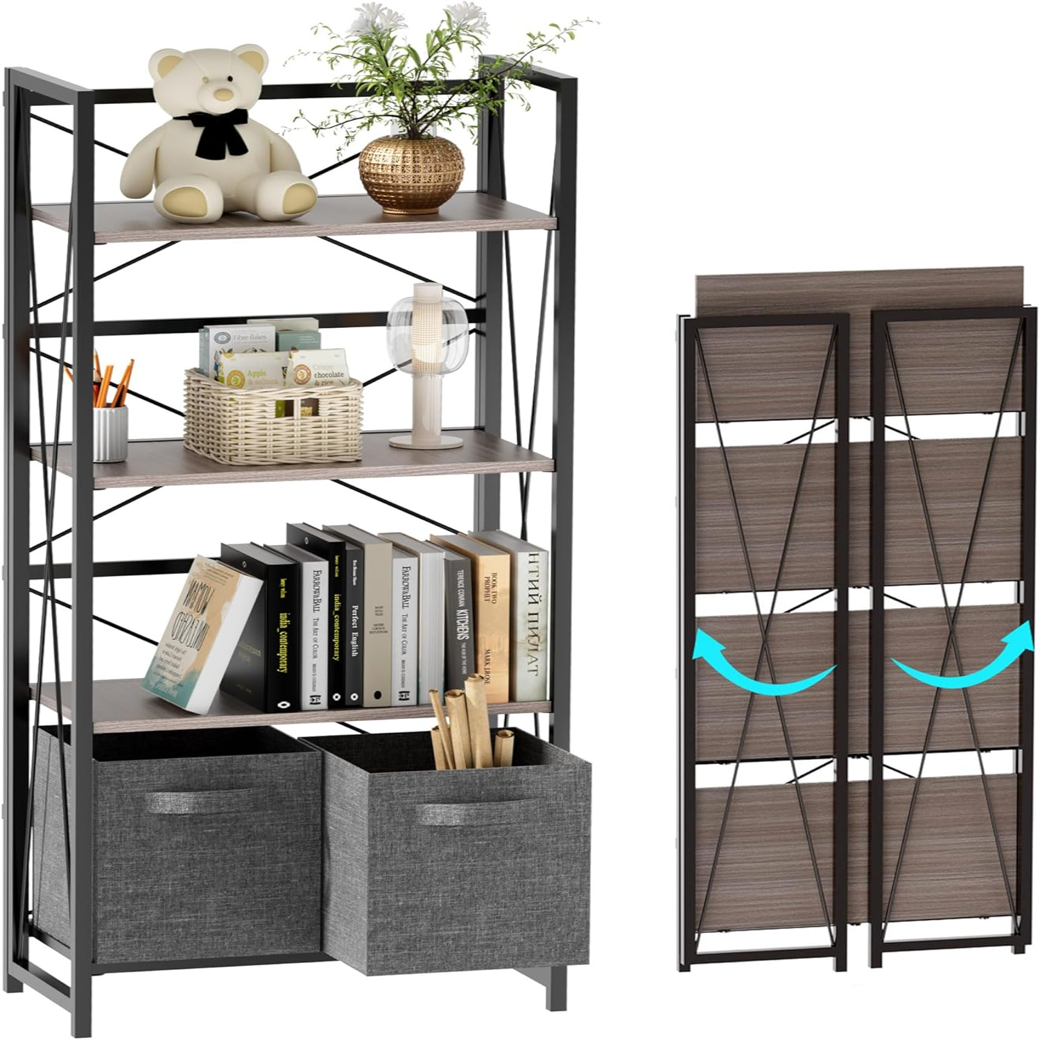 Brooklyn 4 Tier Folding Bookshelf with Collapsible Drawers - Small ...