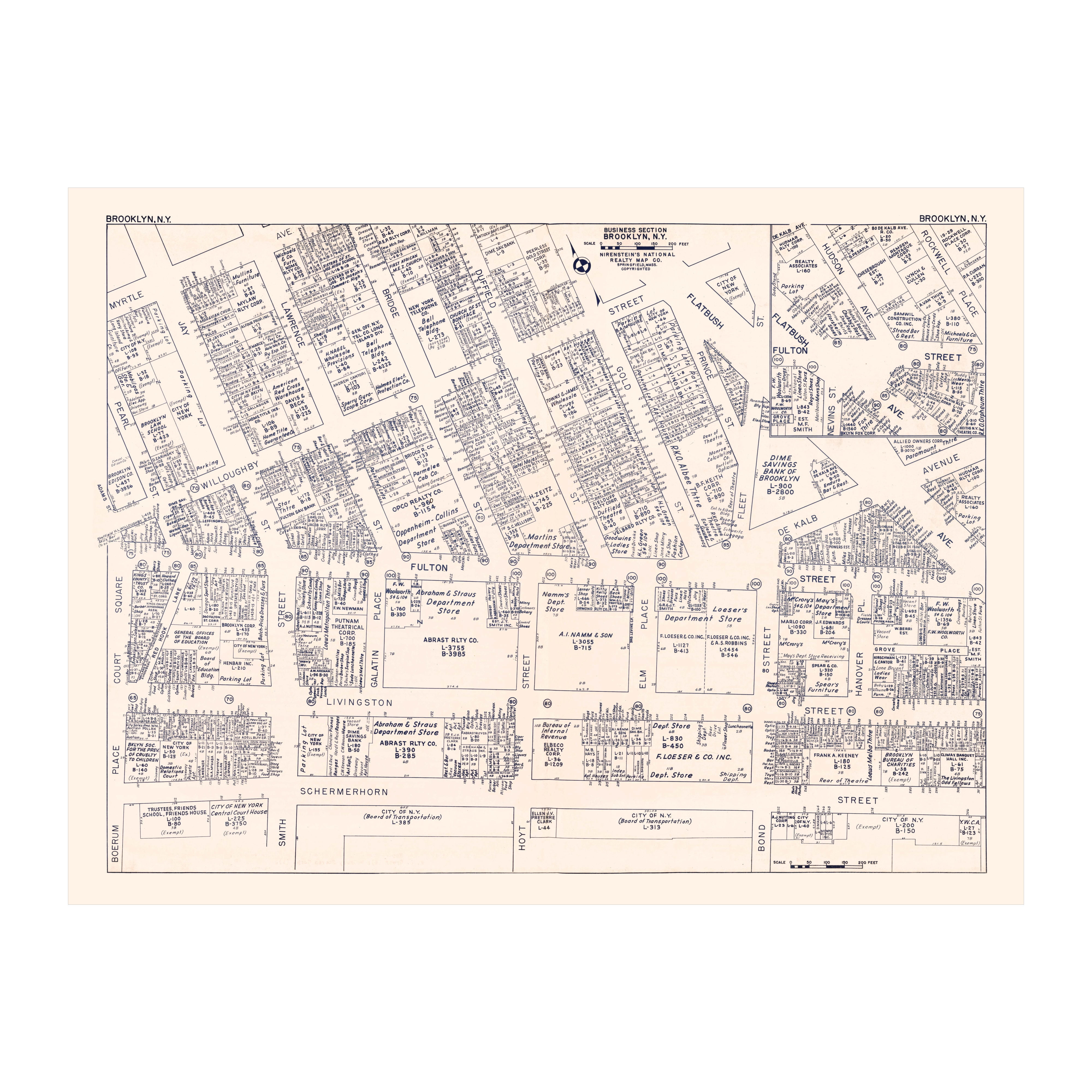 Brooklyn Art, 1947 Vintage Map of Downtown Brooklyn New York, NY ...
