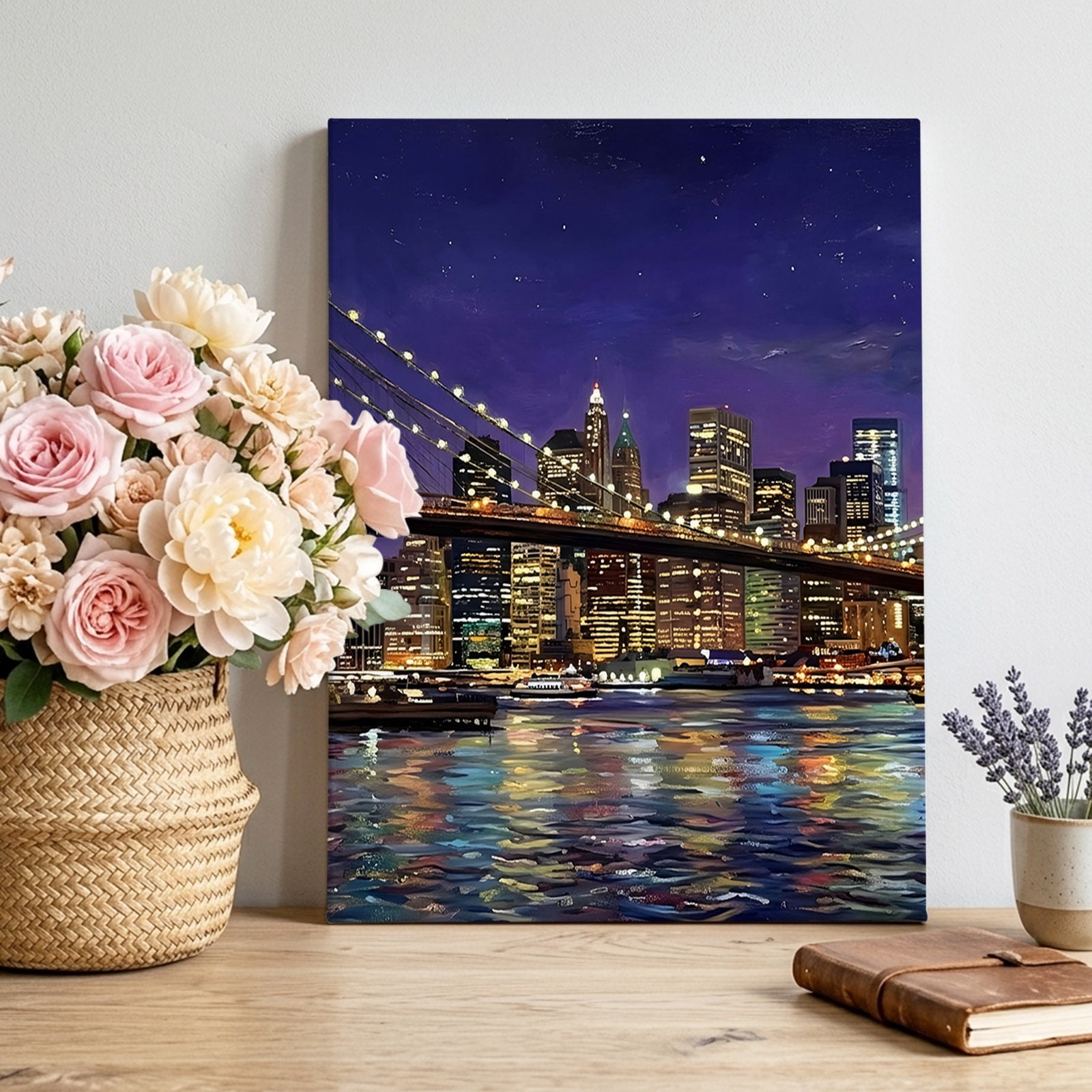 Brooklyn Bridge Canvas Wall Art for Living Room, Night City Urban ...
