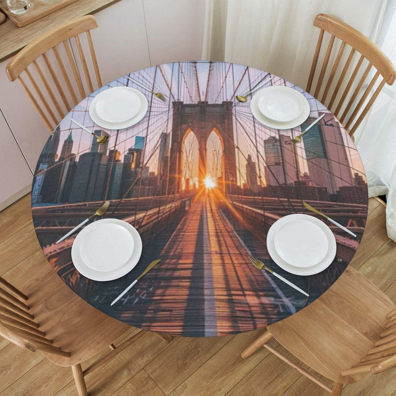 Brooklyn Bridge Round Fitted Tablecloth with Elastic Fitted Table ...