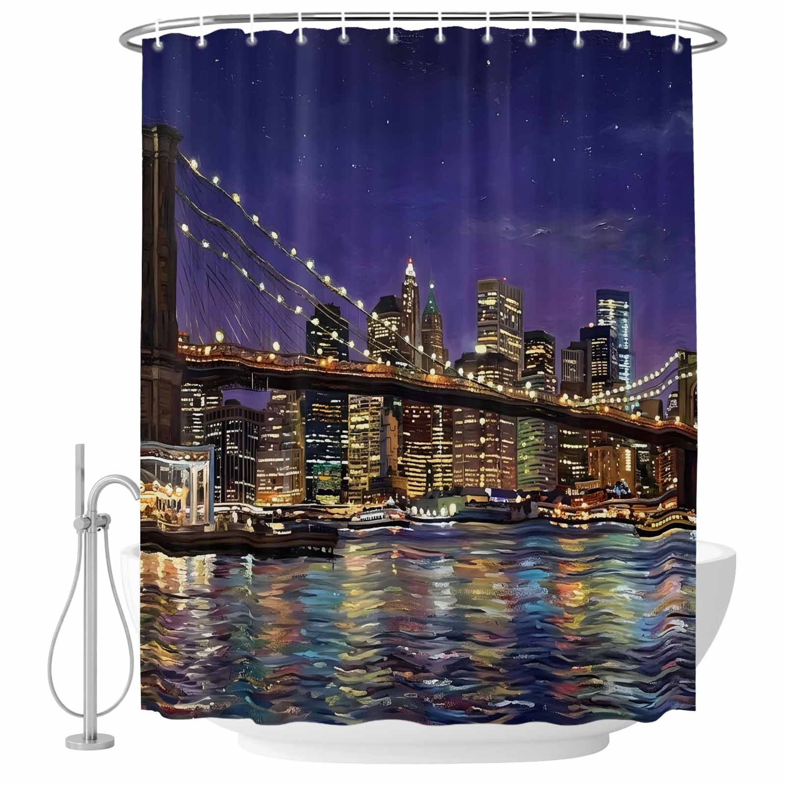 Brooklyn Bridge Shower Curtain Set with Hooks, Night City Urban ...