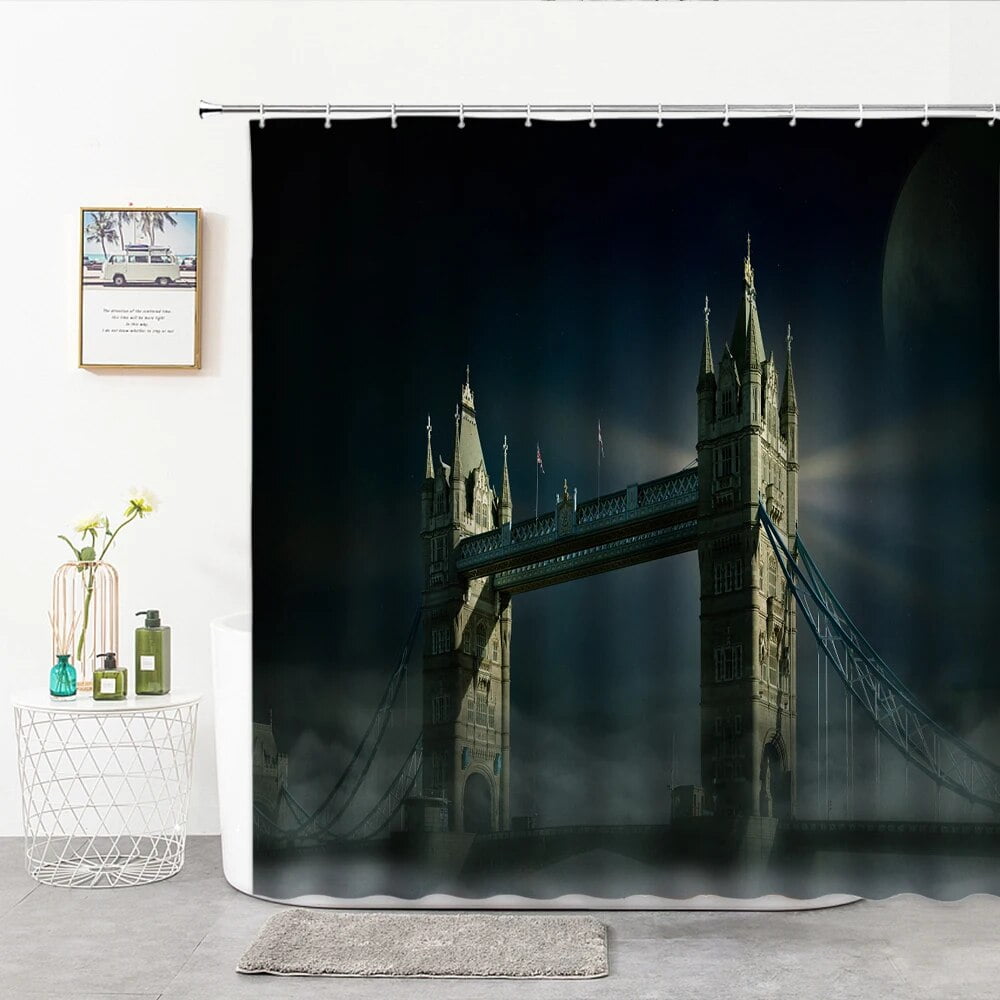 Brooklyn Bridge Shower Curtain Set Manhattan City Night View Bath Mat ...