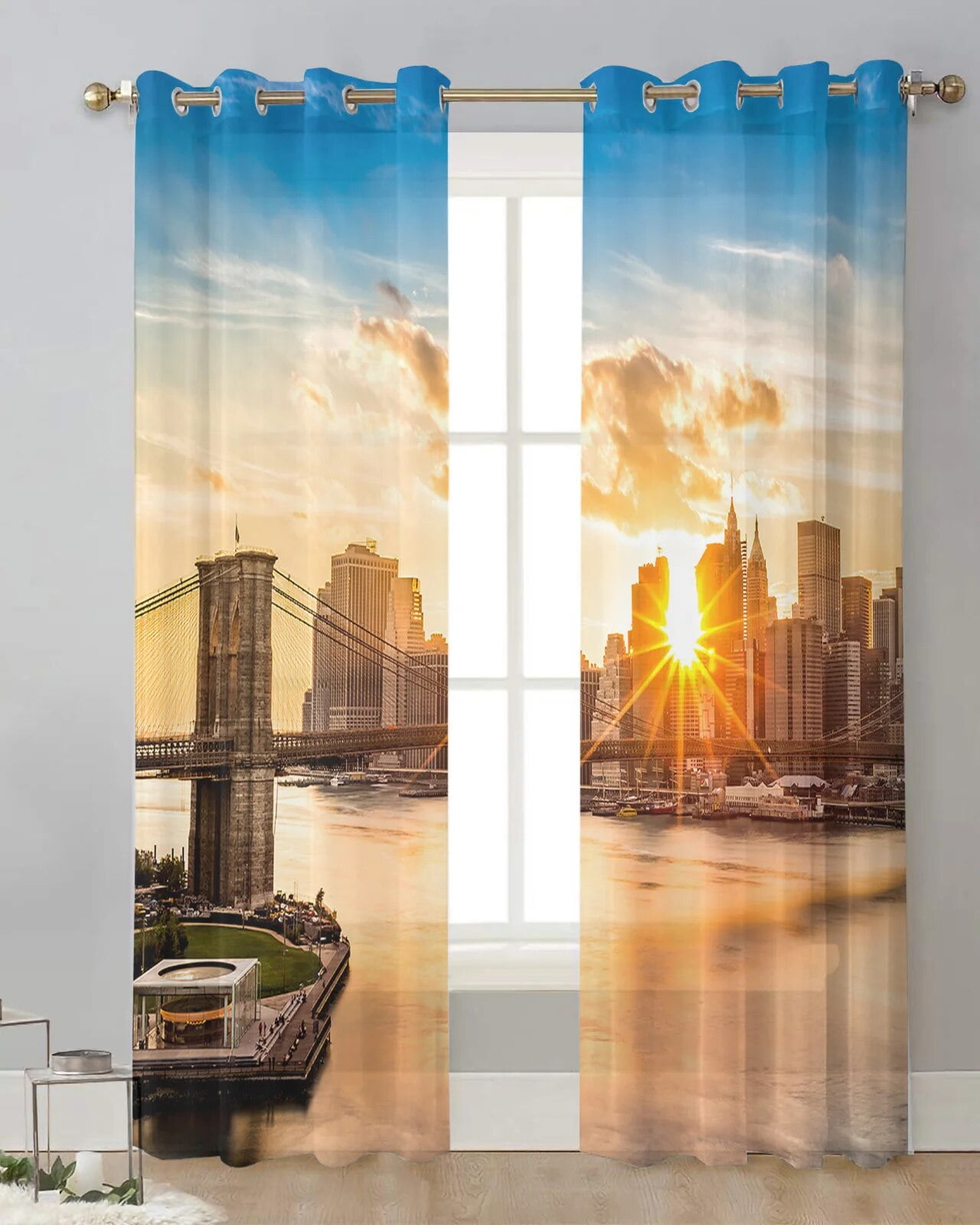 Brooklyn Bridge Skyline Sunset City Building Voile Hanging Curtain ...