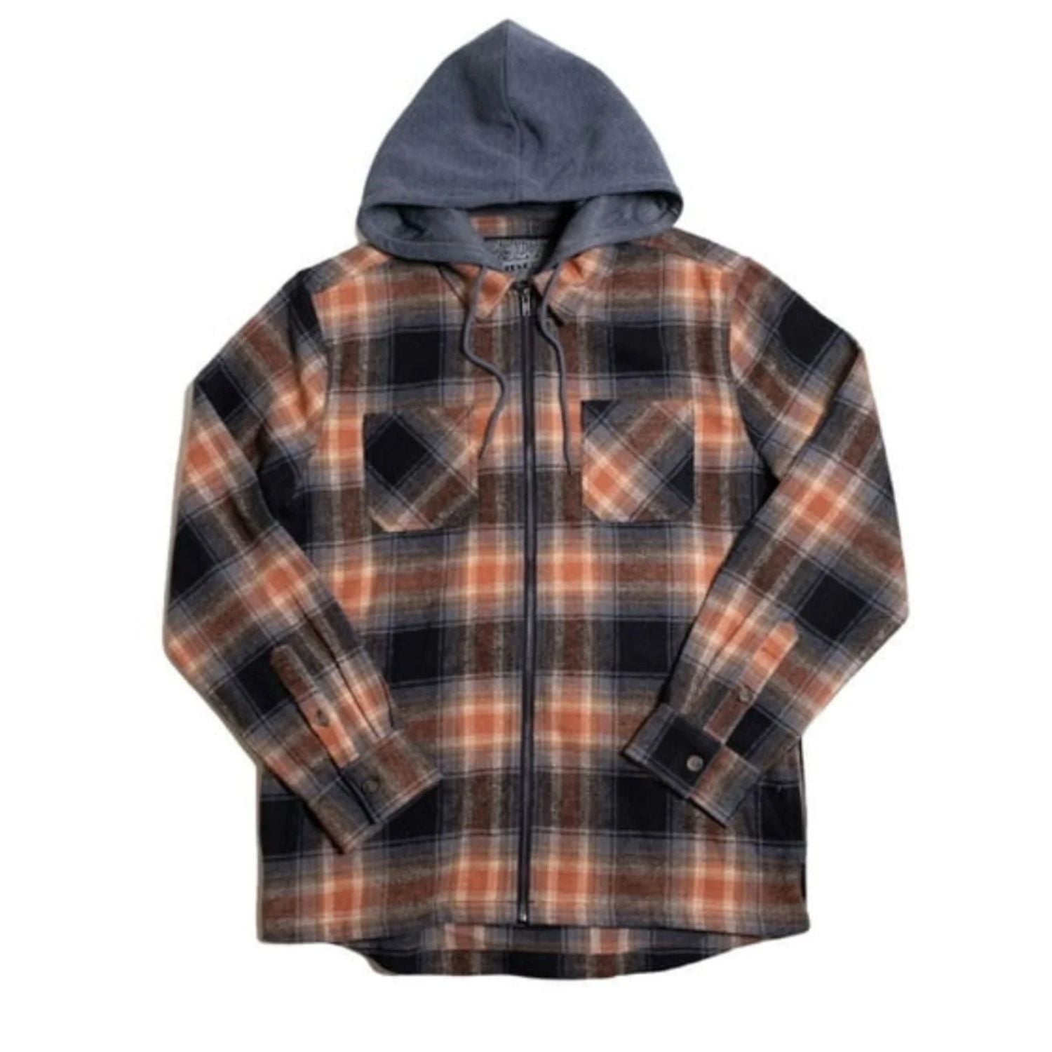 Brooklyn Cloth Flannel Hooded Zip Shacket, Long Sleeve, Brown ...