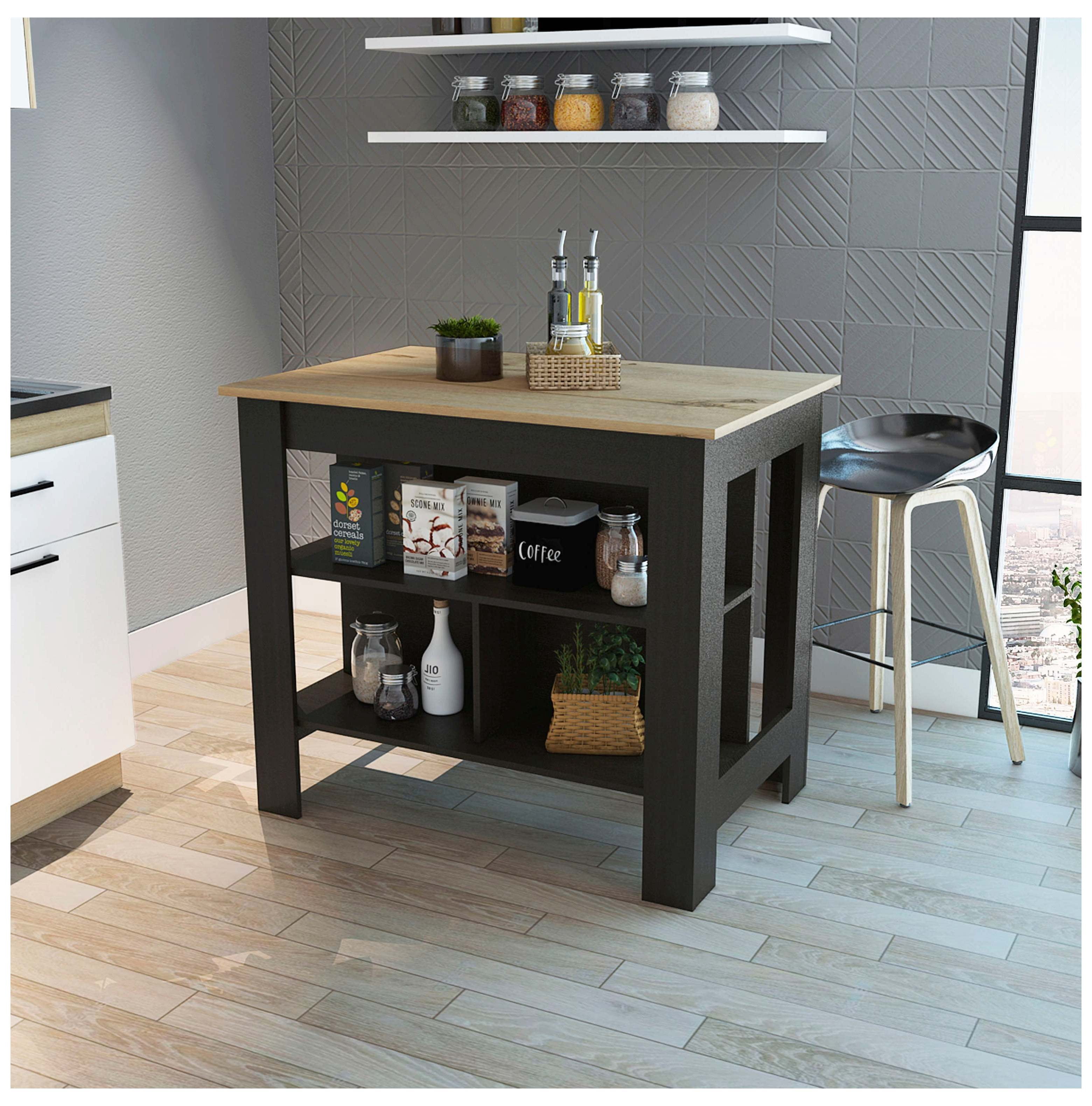 Brooklyn Kitchen Island, Three Concealed Shelves Black,Light Oak ...