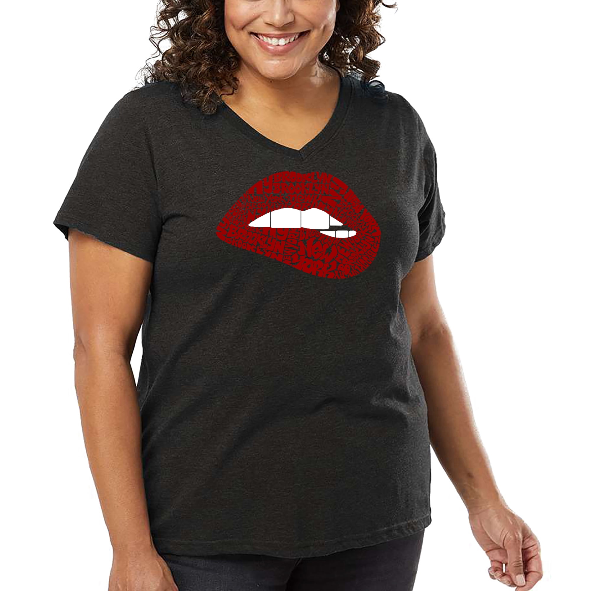 Brooklyn Lips - Women's Plus Size Word Art V-Neck - Walmart.com