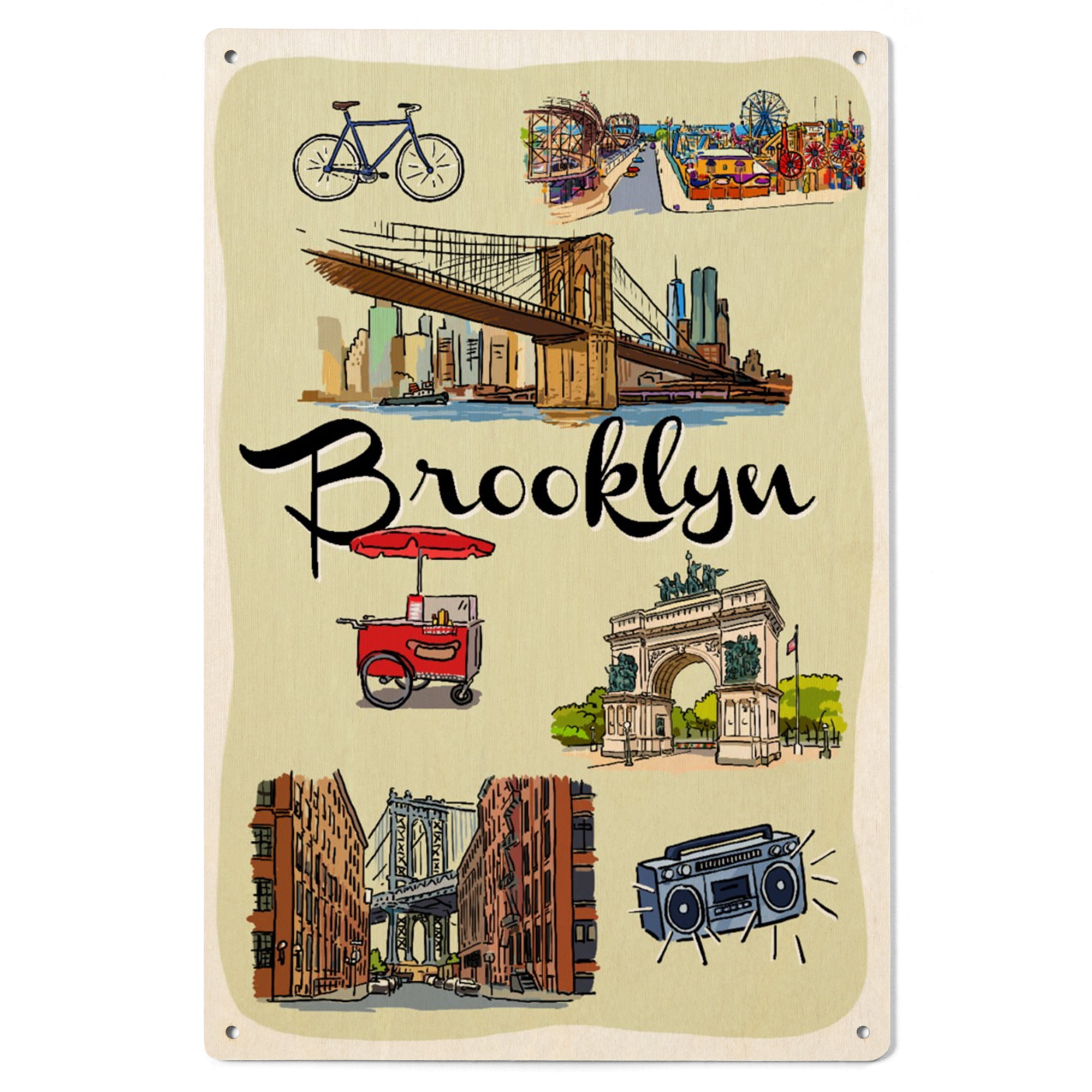 Brooklyn, New York, Landmarks and Icons Birch Wood Wall Sign (6x9 ...