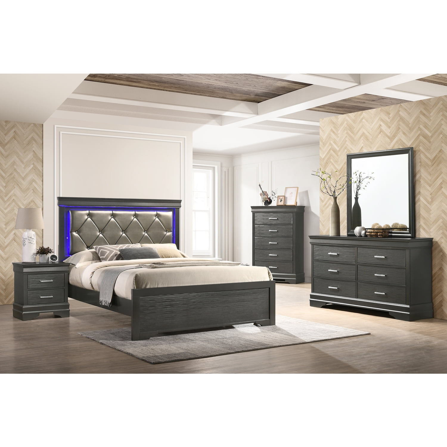 Brooklyn Queen 4 Piece LED Bedroom set made with Wood in Gray - Walmart.com