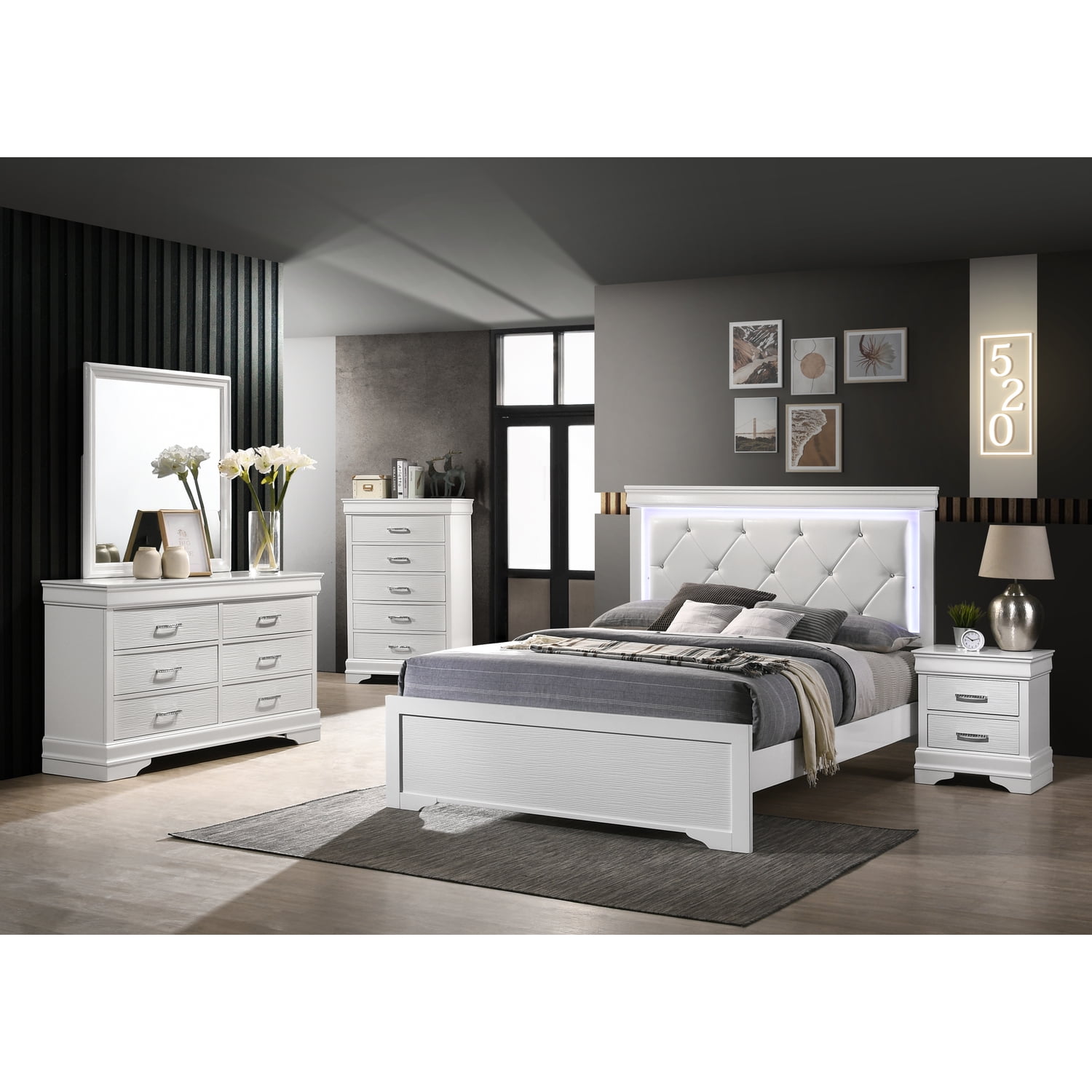 Brooklyn Queen 4 Piece LED Bedroom set made with Wood in White ...