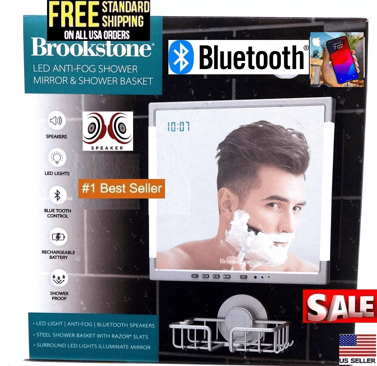 Brookstone 8X8 in. LED Light Anti-Fog Shaving Shower Mirror Bluetooth ...