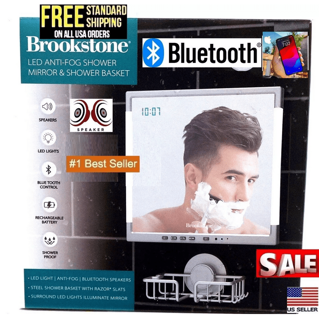 Brookstone 8X8 in. LED Light Anti-Fog Shaving Shower Mirror Bluetooth ...