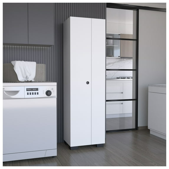 Broom Cabinet Double-Door Design with Inner Shelves and Side Hangers ...