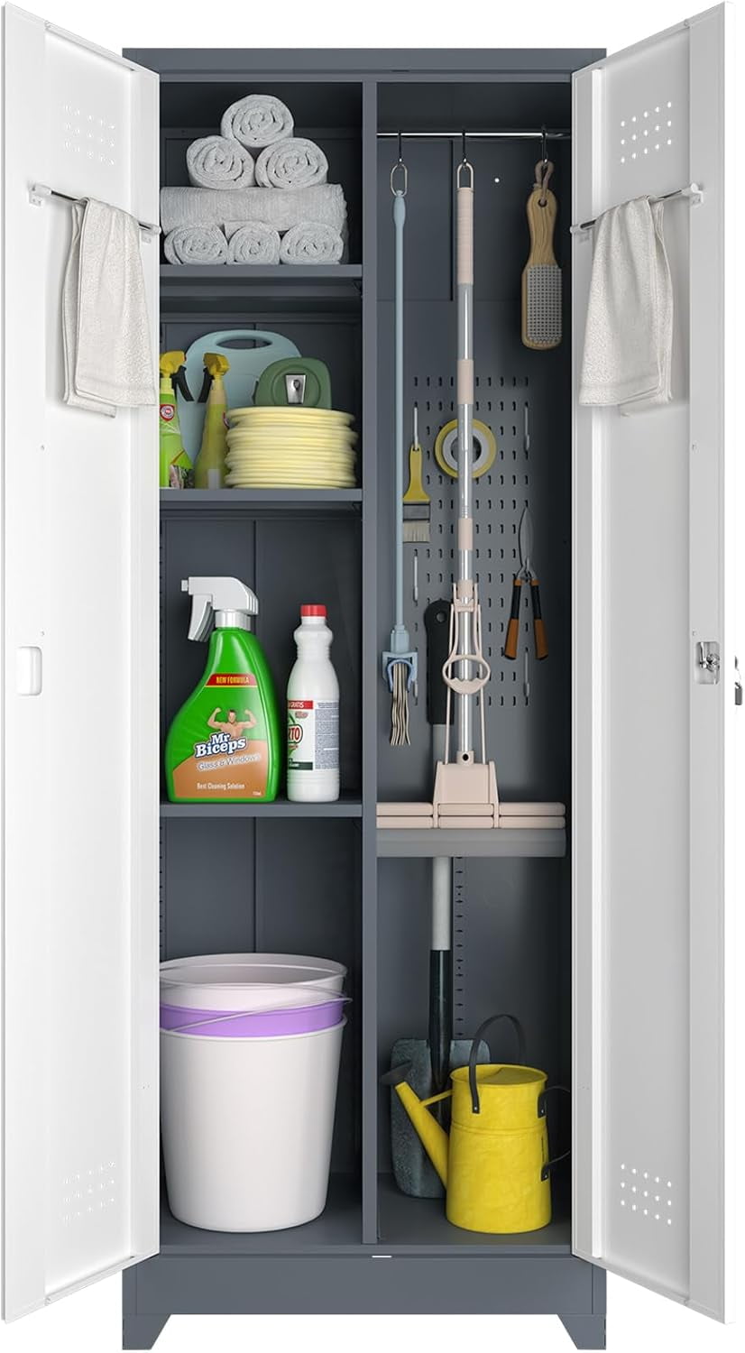 Broom Closet Cabinet,Cleaning Supplies Closet with Pegboard,Broom and ...