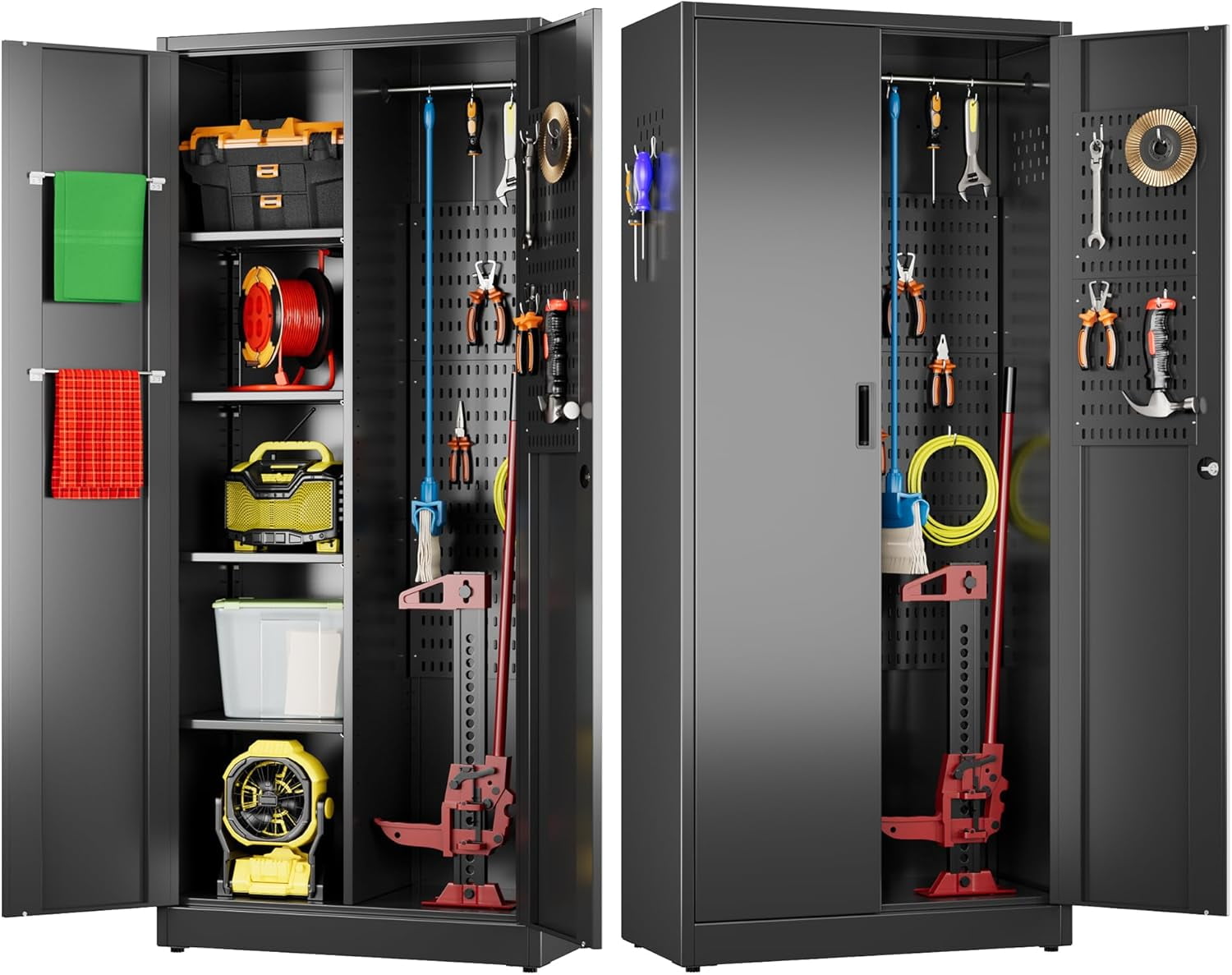 Broom Closet Storage Cabinet with 5 Pegboard, Hanging Rod &13 Hooks ...