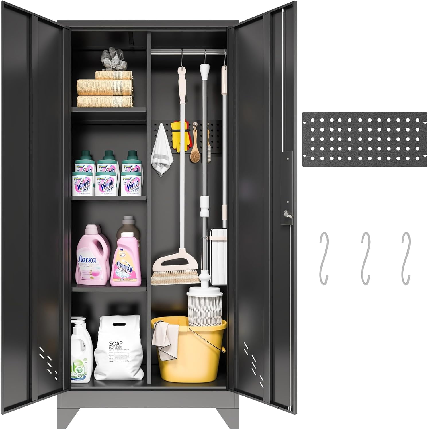 Broom Closet Storage Cabinet, Metal Storage Cabinet with Lockable Doors ...