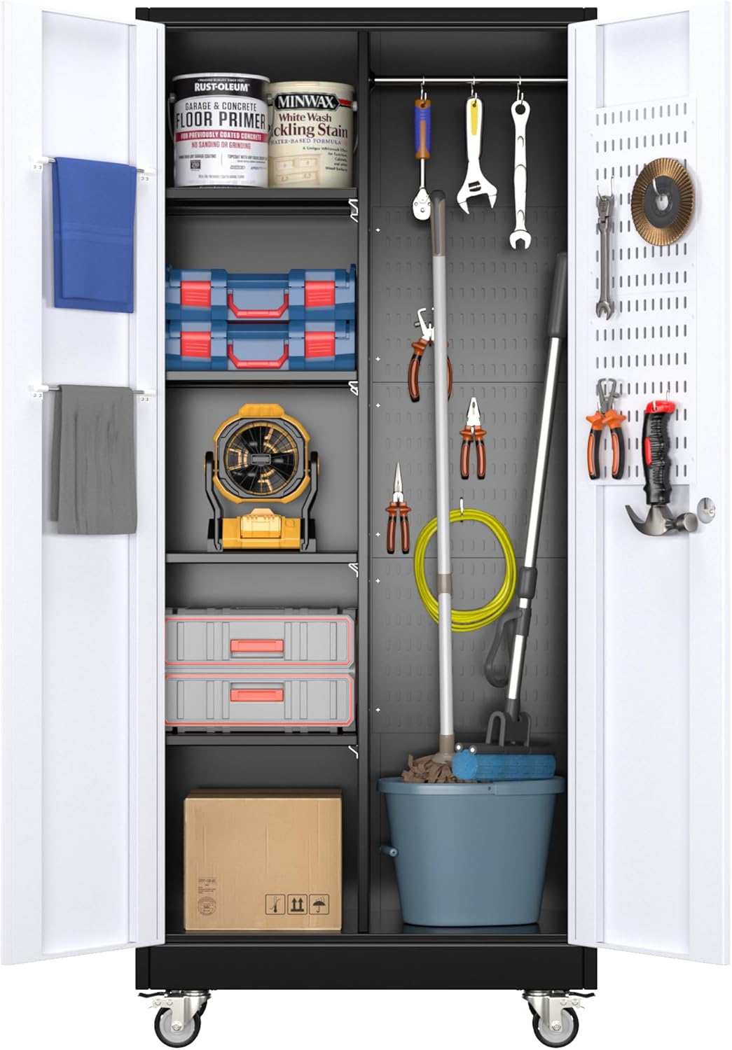 Broom Closet Storage Cabinet with Wheels, 5 Pegboard and 13 Hooks ...