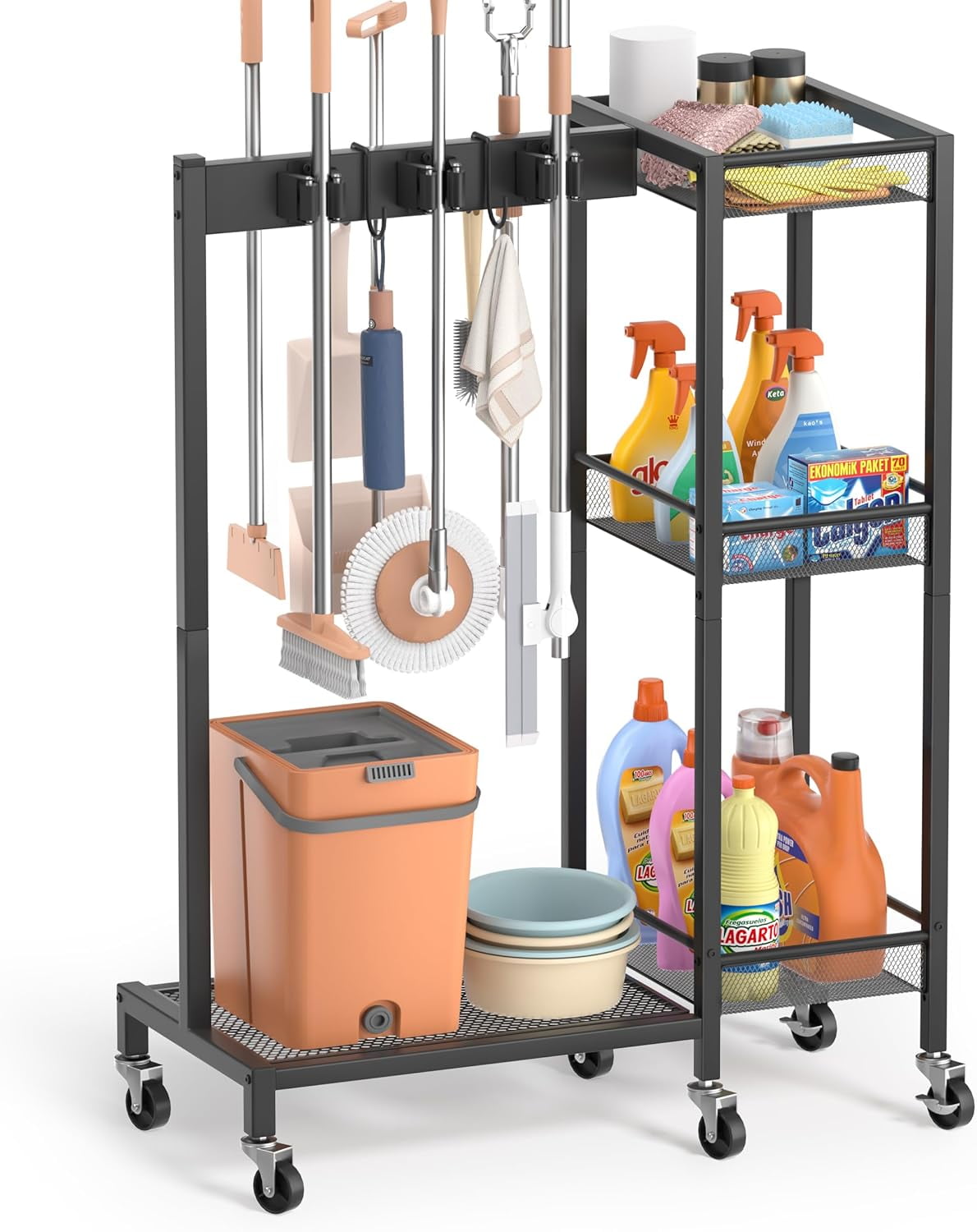Broom Closet Storage Cabinet with Cleaning Caddy, Cleaning Cart with Mop Hanger Gripper Rack ...