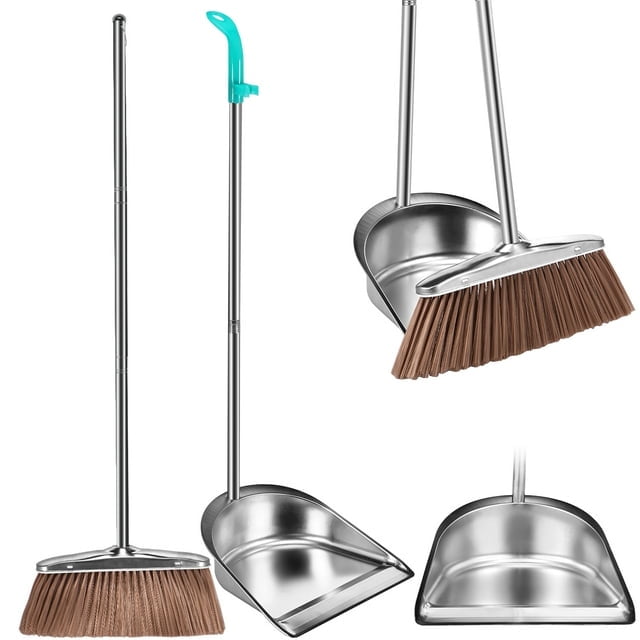 Broom and Dustpan Set with Long Handle Heavy Duty Stainless Steel Dustpan with Broom Space ...