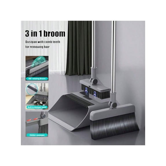 Broom and Dustpan Set with Squeegee and Floor Brush, 4-in-1 Heavy Duty ...