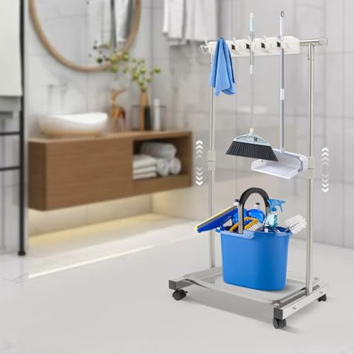Broom Holder, Broom Rack Mop Rack Stand Cart, Stainless Steel Movable ...