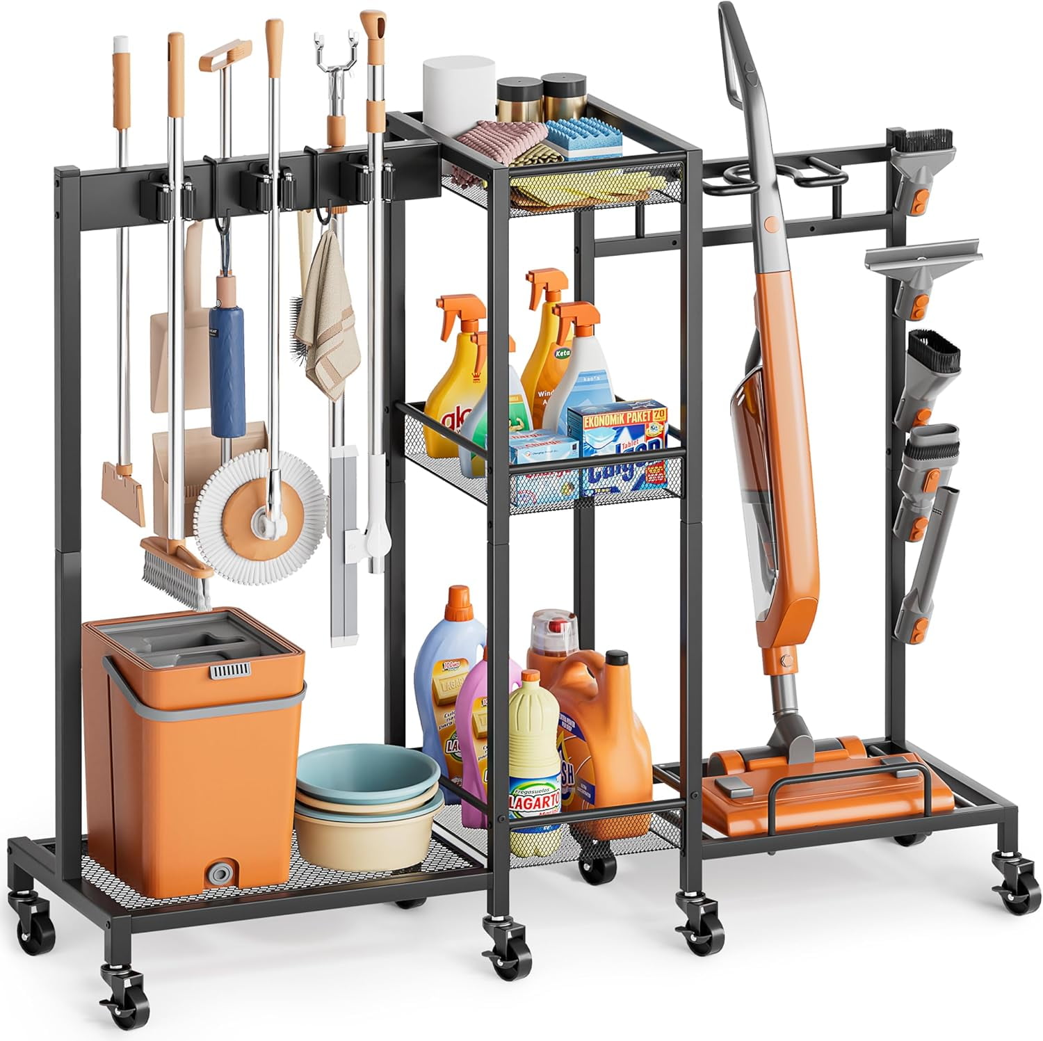 Broom Holder with Cleaning Supplies Organizer, Broom Closet Storage ...