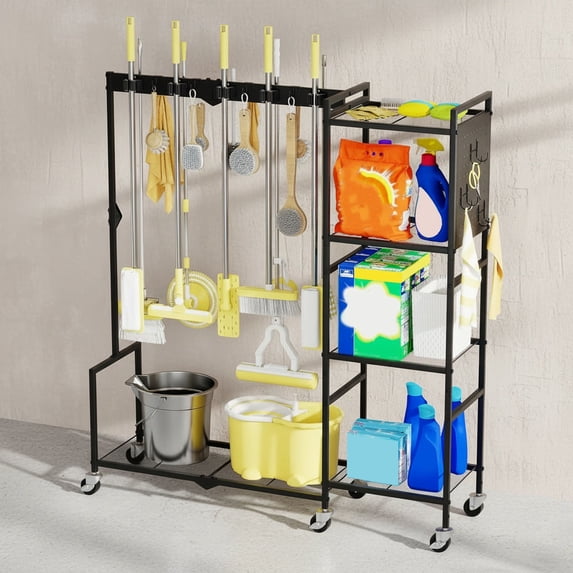Broom Holder with Cleaning Supplies Organizer, Mop Rack Storage with 4 ...