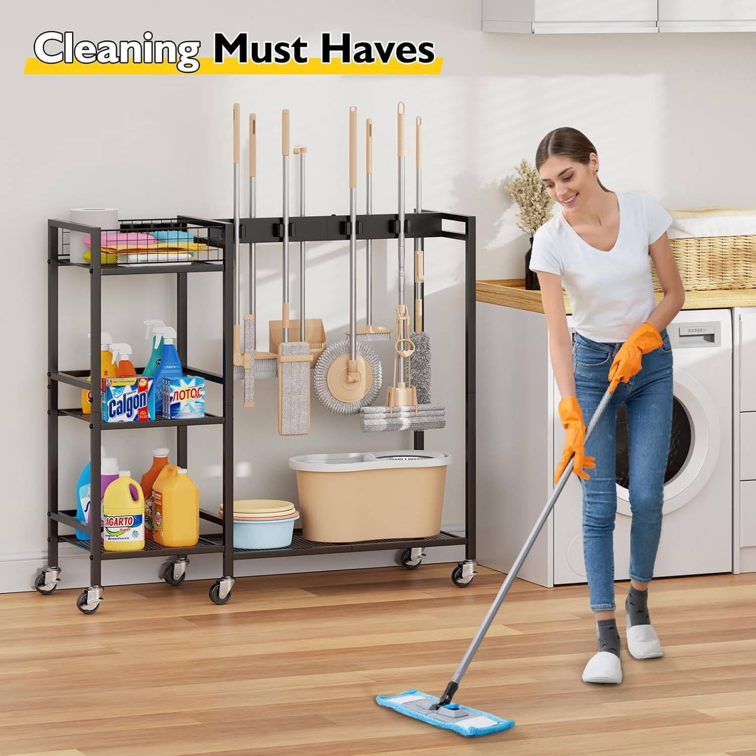 Broom Holder with Cleaning Supplies Organizer, Movable Broom Closet ...