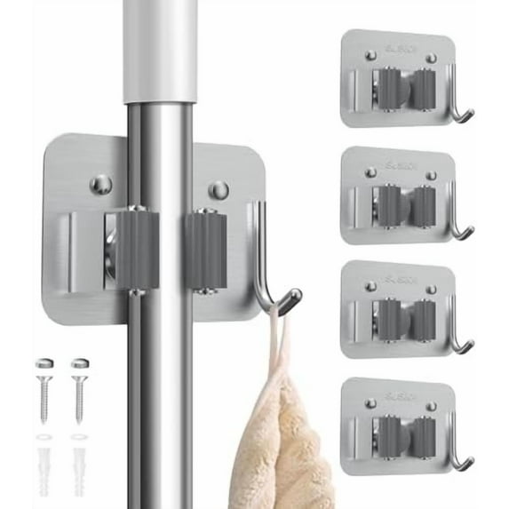 Broom Holder Wall Mount, 4 Packs Silver Stainless Steel Mop and Broom ...