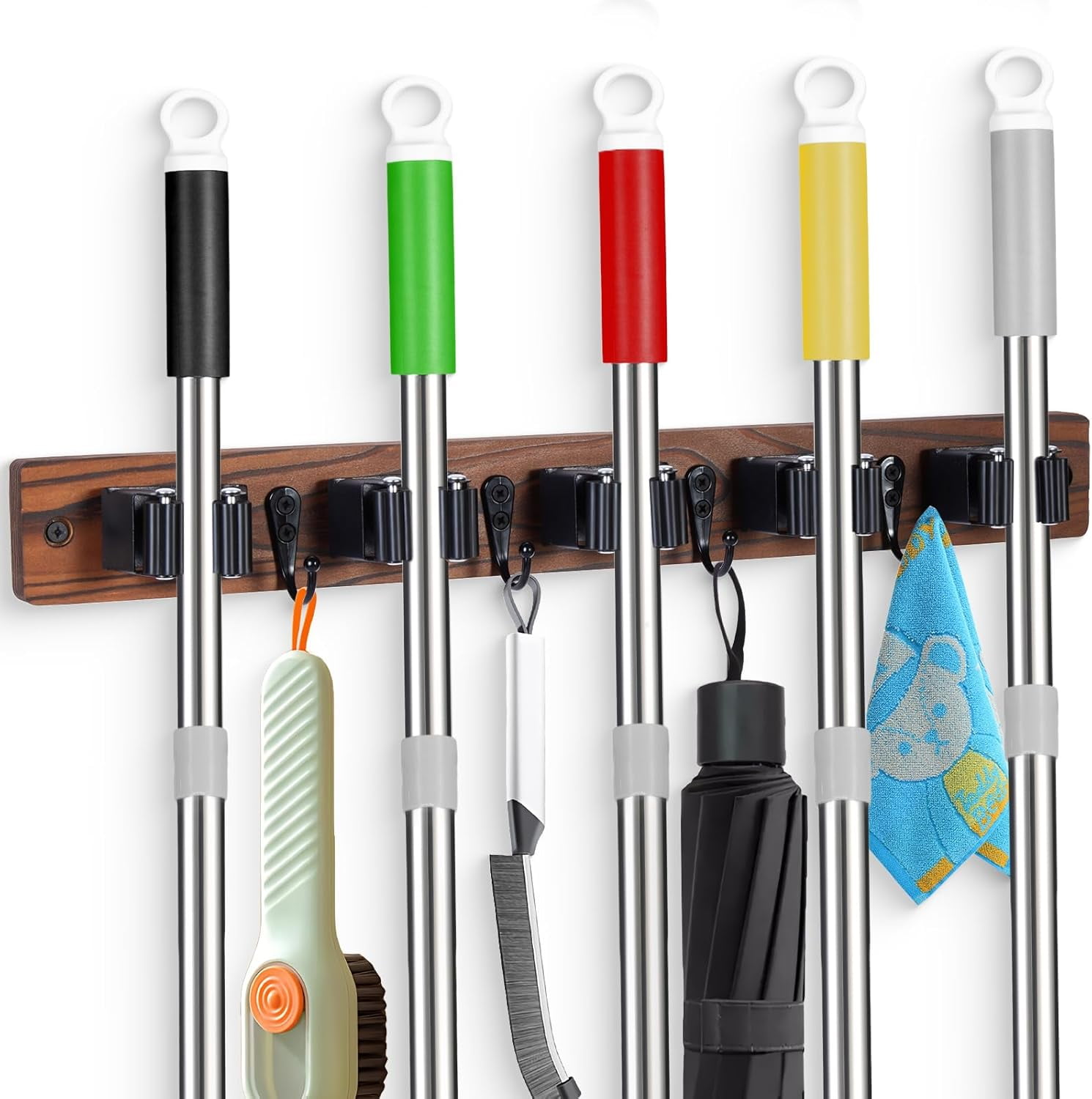 Broom Holder Wall Mount With 5 Slots & 4 Hooks，Rustic Wood Broom & Mop ...