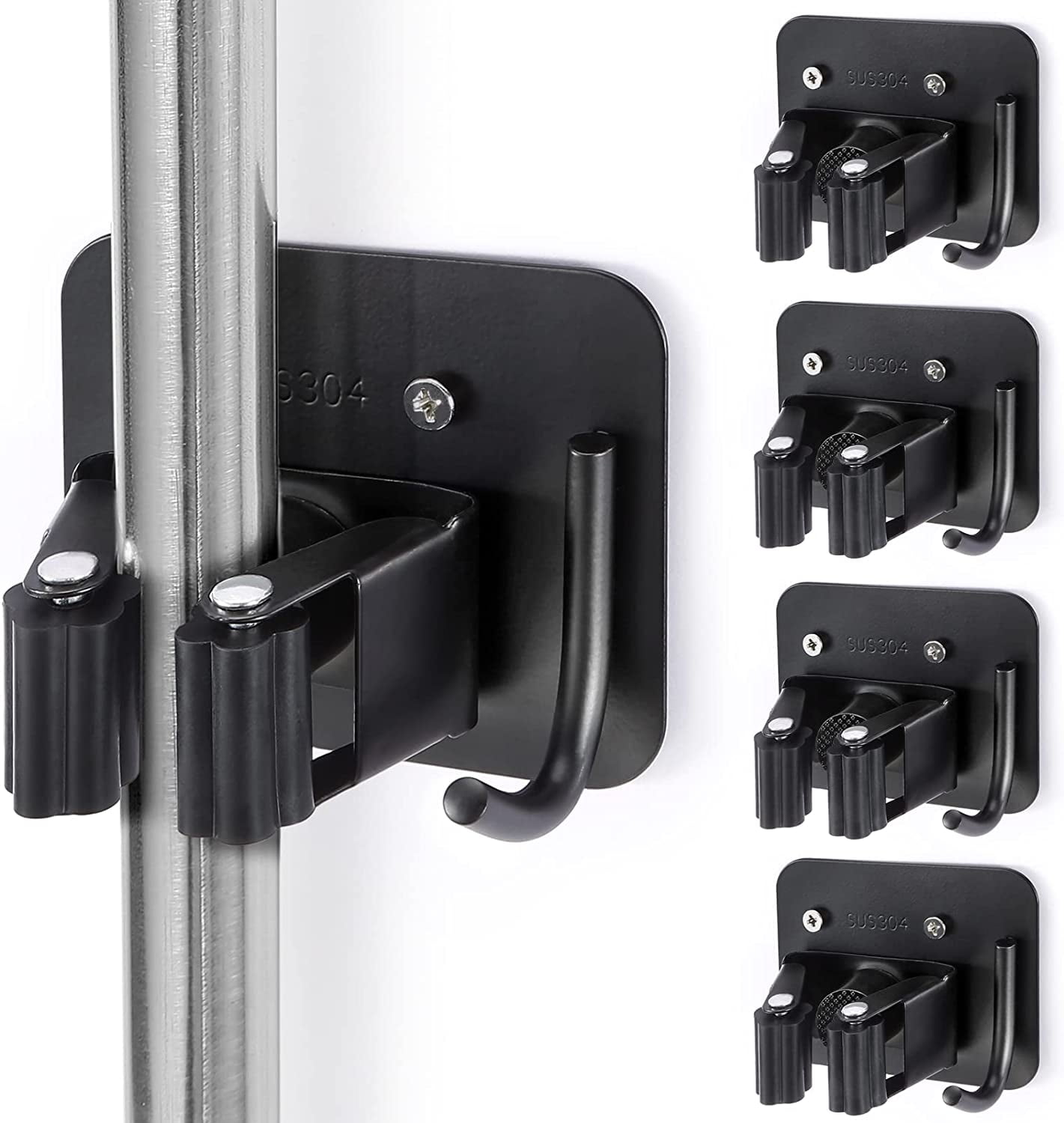 Broom Holder Wall Mount, Heavy Duty Stainless Steel Mop Gripper Rack ...