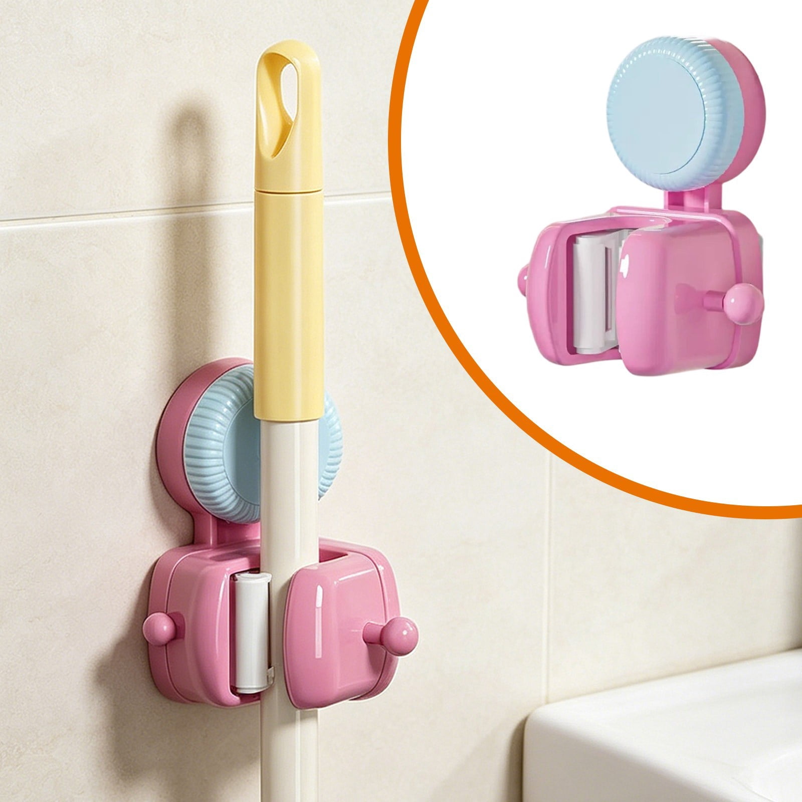 Broom Holder Wall Mount Pink Suction Cup Mop Organizer No Drill Wall ...