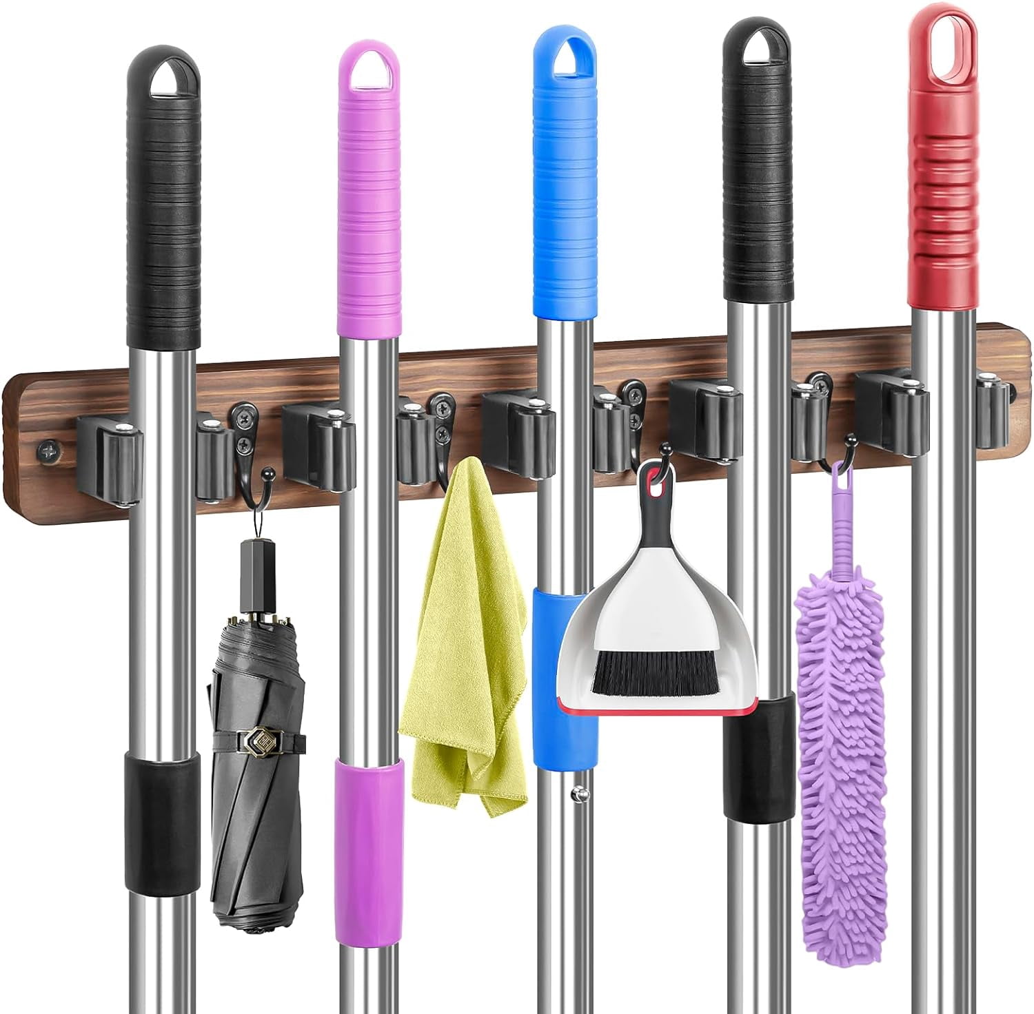 Broom Holder Wall Mount, Rustic Wood Broom Hanger with 5 Racks and 4 ...