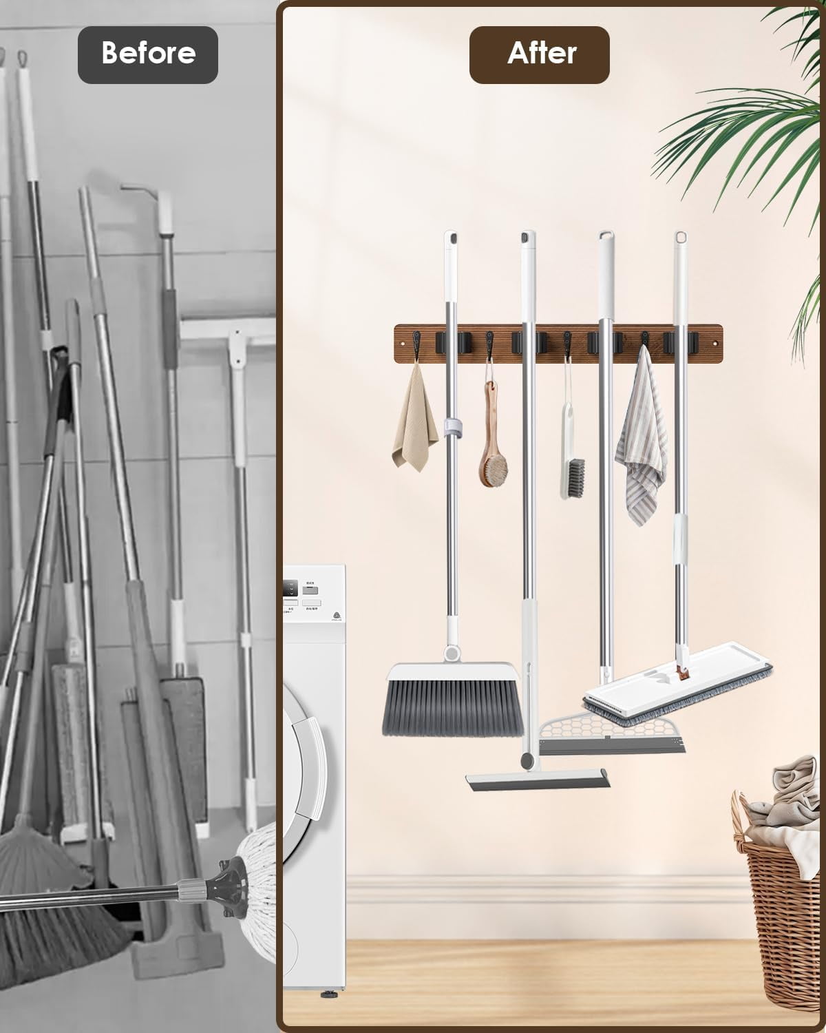 Broom Holder Wall Mounted, 4 Holders and 4 Hooks Mop Holder, Wooden Mop ...