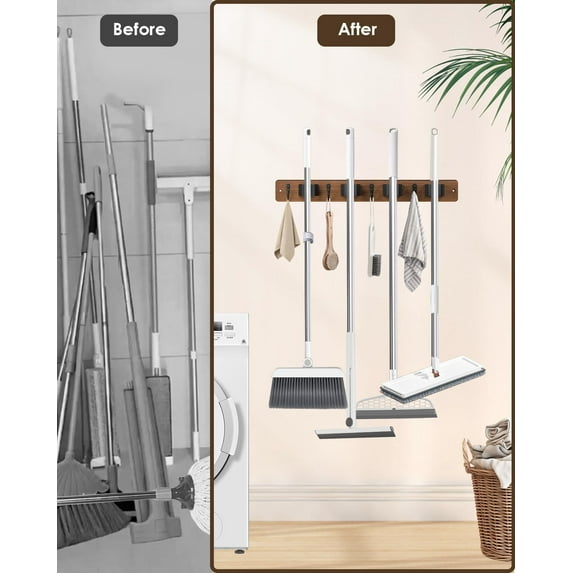 Broom Holder Wall Mounted, 4 Holders and 4 Hooks Mop Holder, Wooden Mop ...