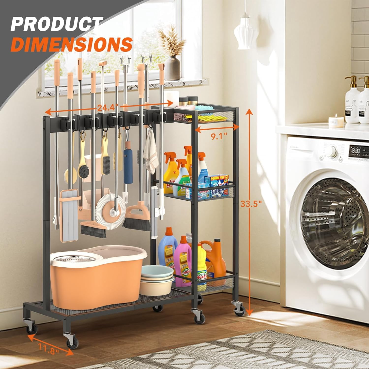 Broom Holder with Cleaning Supplies Organizer, Mop Hanger Gripper Rack ...