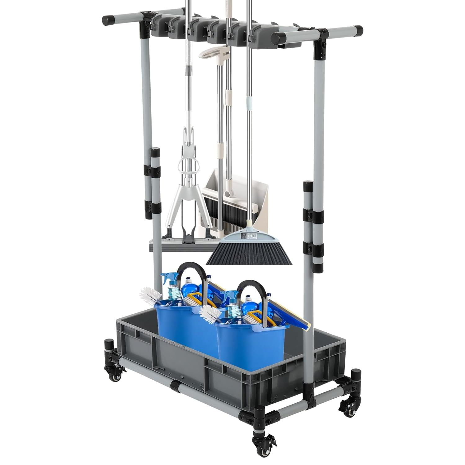 Broom and Mop Holder Freestanding Mobile Cleaning Tool Storage Rack ...