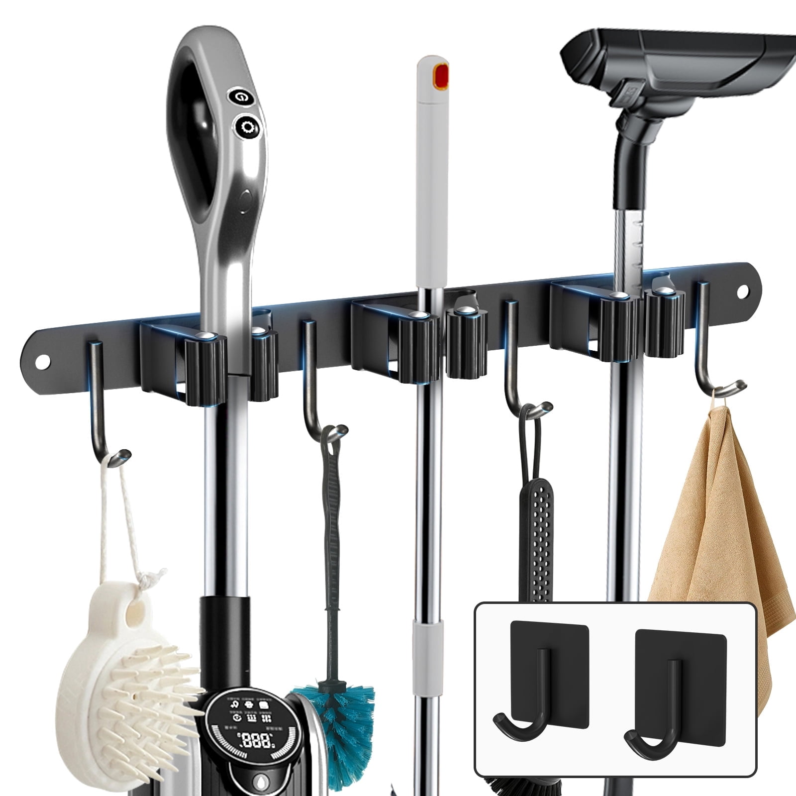 Broom and Mop Organizer, Wall-Mount Holder with 3 Racks & 4 Hooks ...