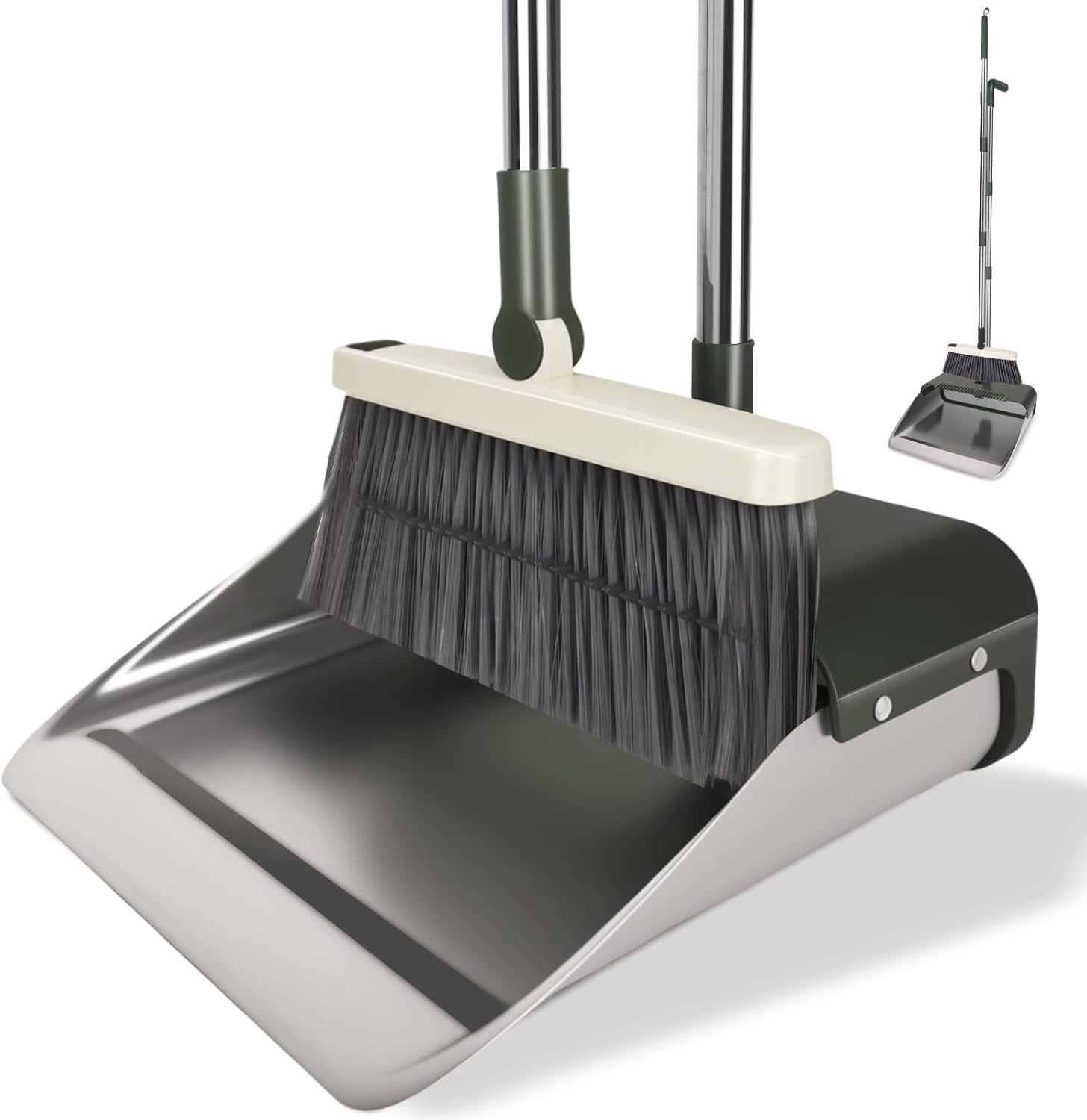 Broom with Dustpan Combo Set, Heavy Duty Standing Metal Dust Pan with ...