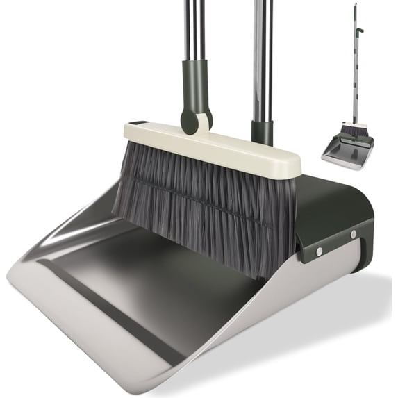 Broom with Dustpan Combo Set, Heavy Duty Standing Metal Dust Pan with ...