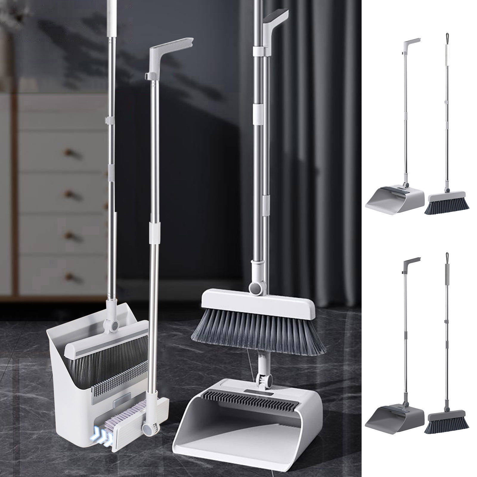 Brooms and Dustpan Floor Brush 3-In-1 Set Household Cleaning Supplies Stainless Steel Handle ...