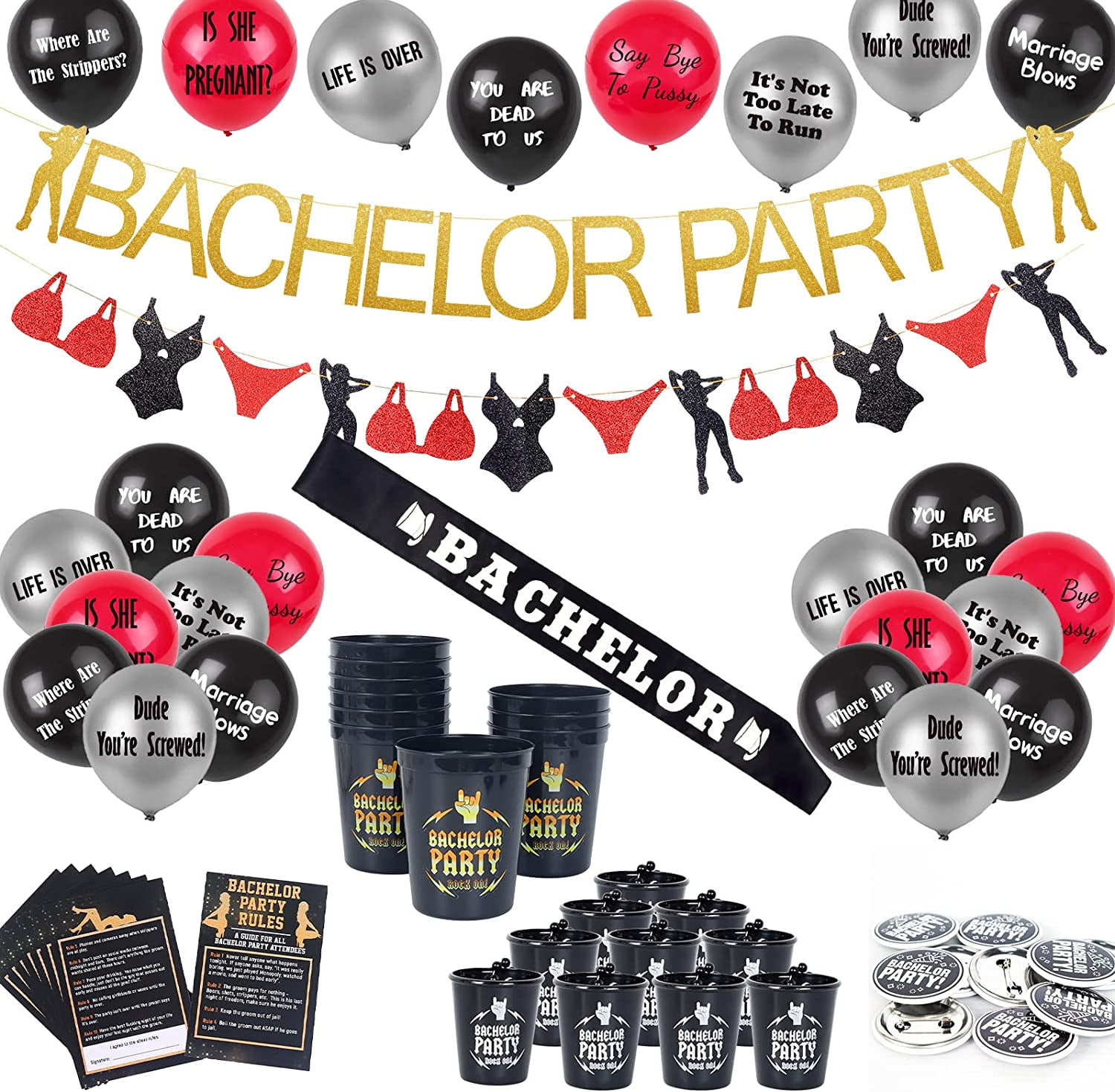 Brosash Huge Bachelor Party Set - Banners, Shot Glasses, Balloons, Cups ...