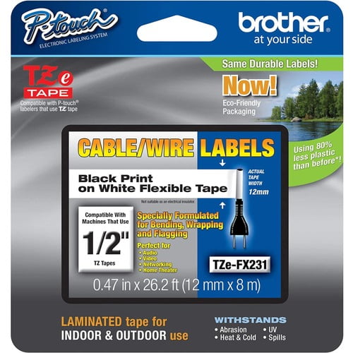 Brother Flexible Cable/Wire TZe ID Tape - 15/32" Width x 26 1/5 ft ...