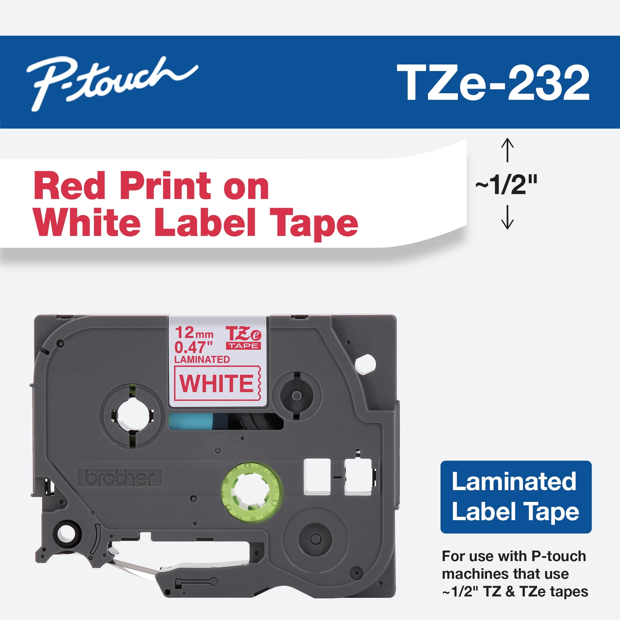 Brother Genuine P-touch TZE232 1/2" Red Print on White Laminated Label ...