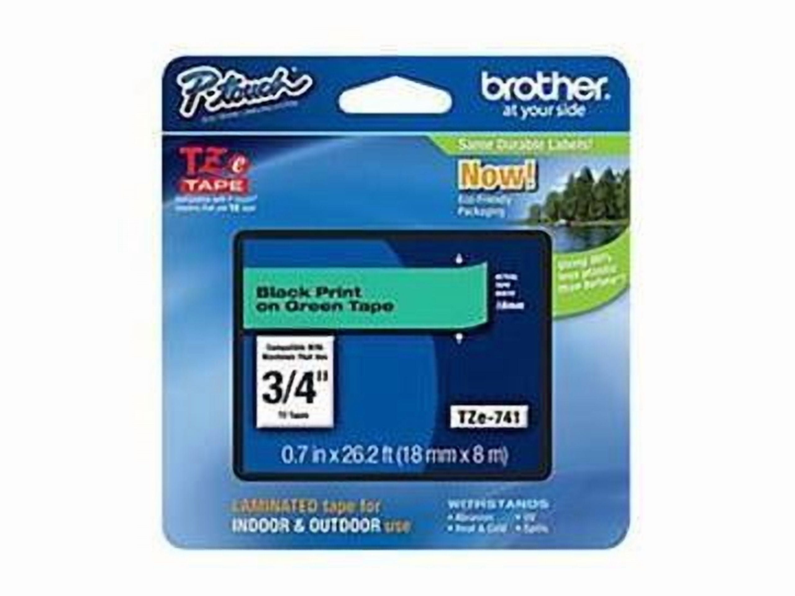 Brother Genuine P-touch TZE741 3/4" Black Print on Green Laminated ...
